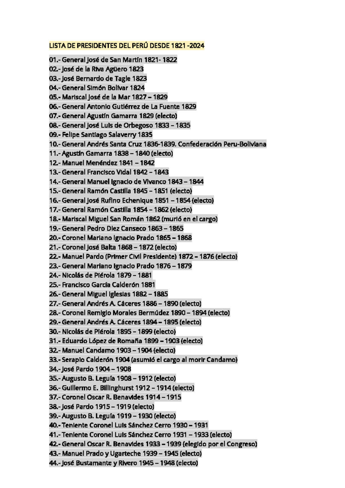 Lista DE Presidentes DEL PERÚ Desde 1821 compress - LISTA DE ...