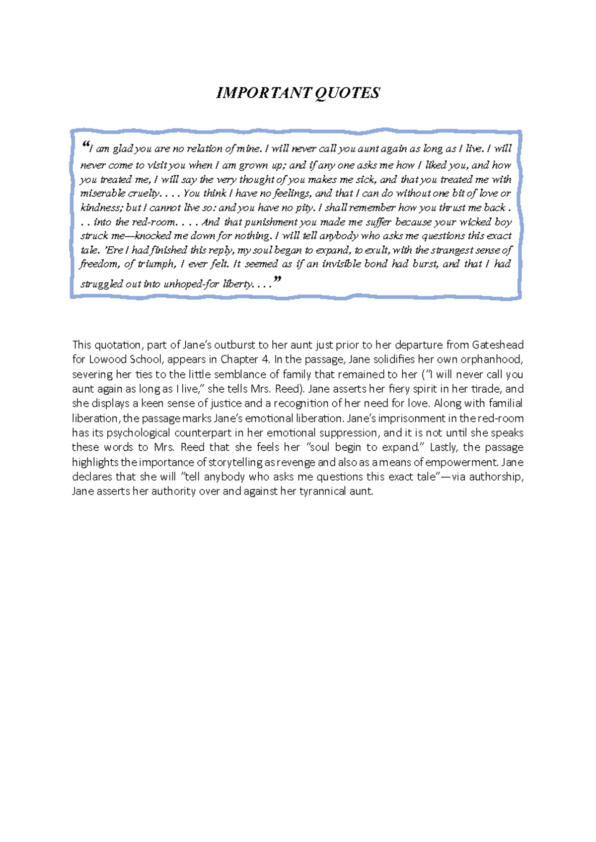 Jane Eyre (notes) - Summary Jane Eyre - Jane Eyre - IMPORTANT QUOTES ...