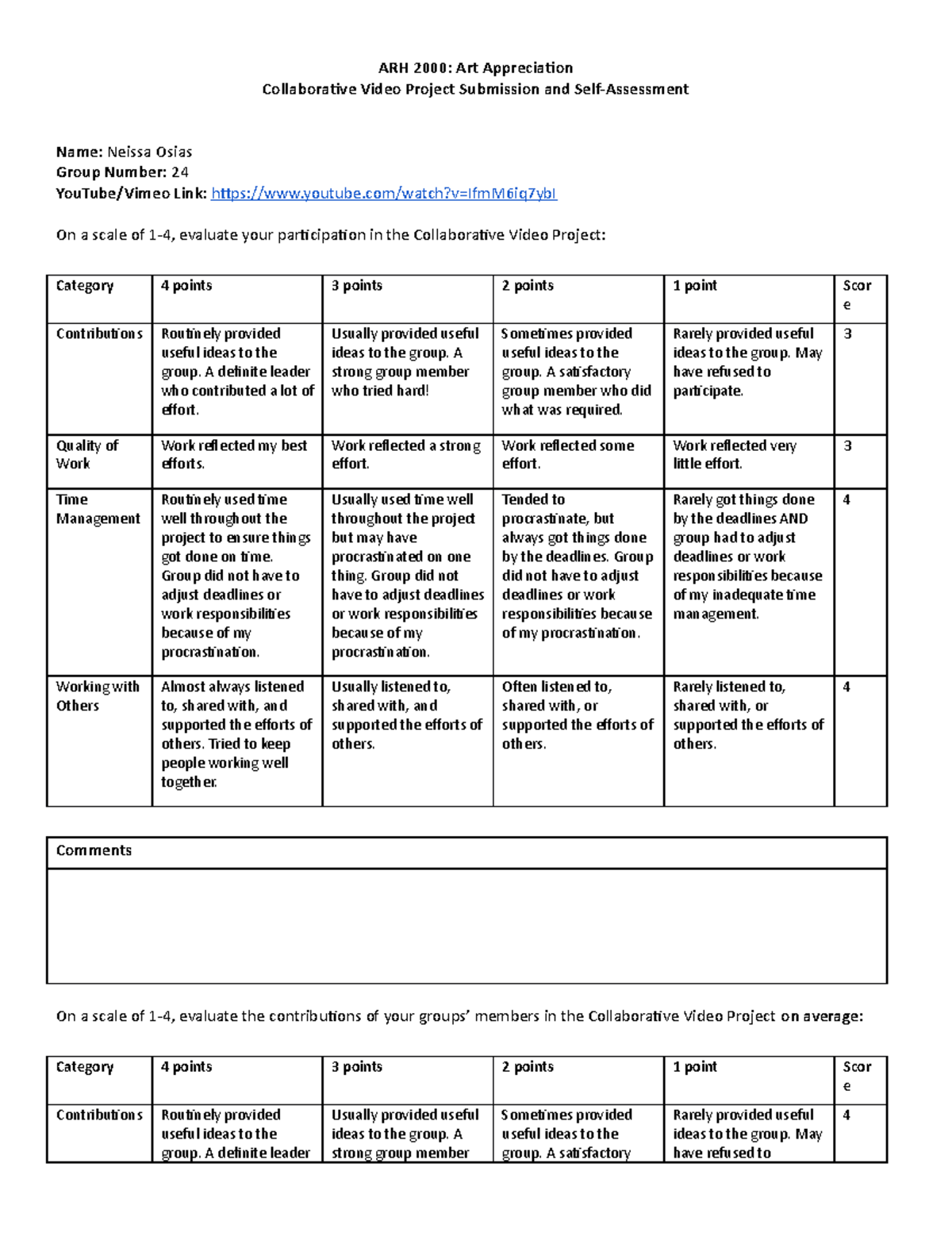 ARH2000 Collaborative Video Project Submission and Self-Assessment ...