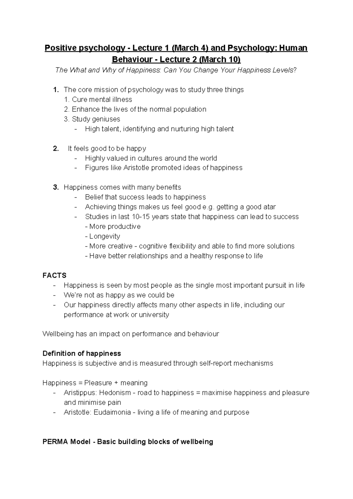 Positive Psychology Lecture Notes - Positive psychology - Lecture 1 ...
