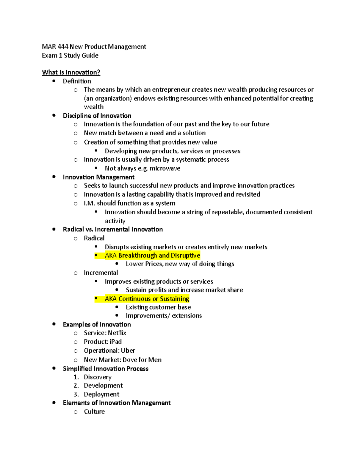 Exam 1 Study Guide - MAR 444 New Product Management Exam 1 Study Guide ...