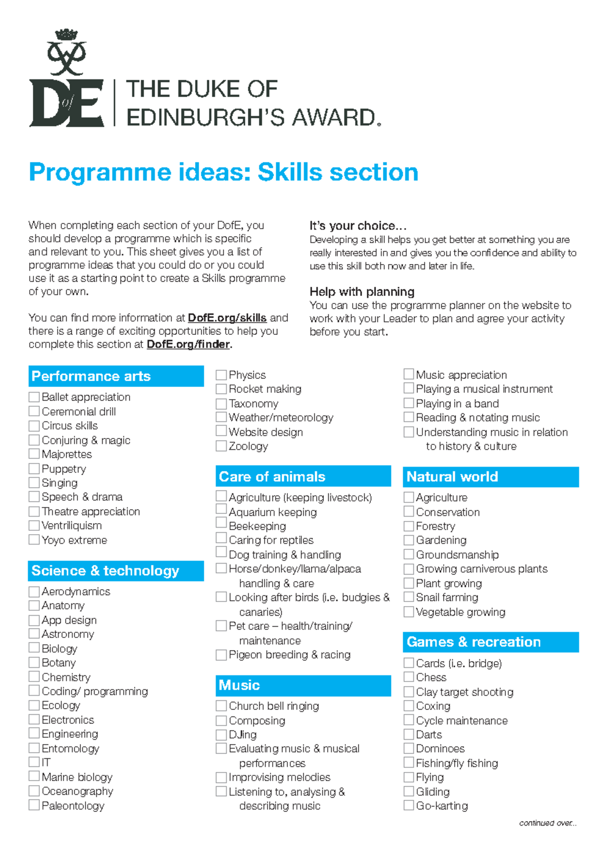 Skills Ideas - asa - When completing each section of your DofE, you ...