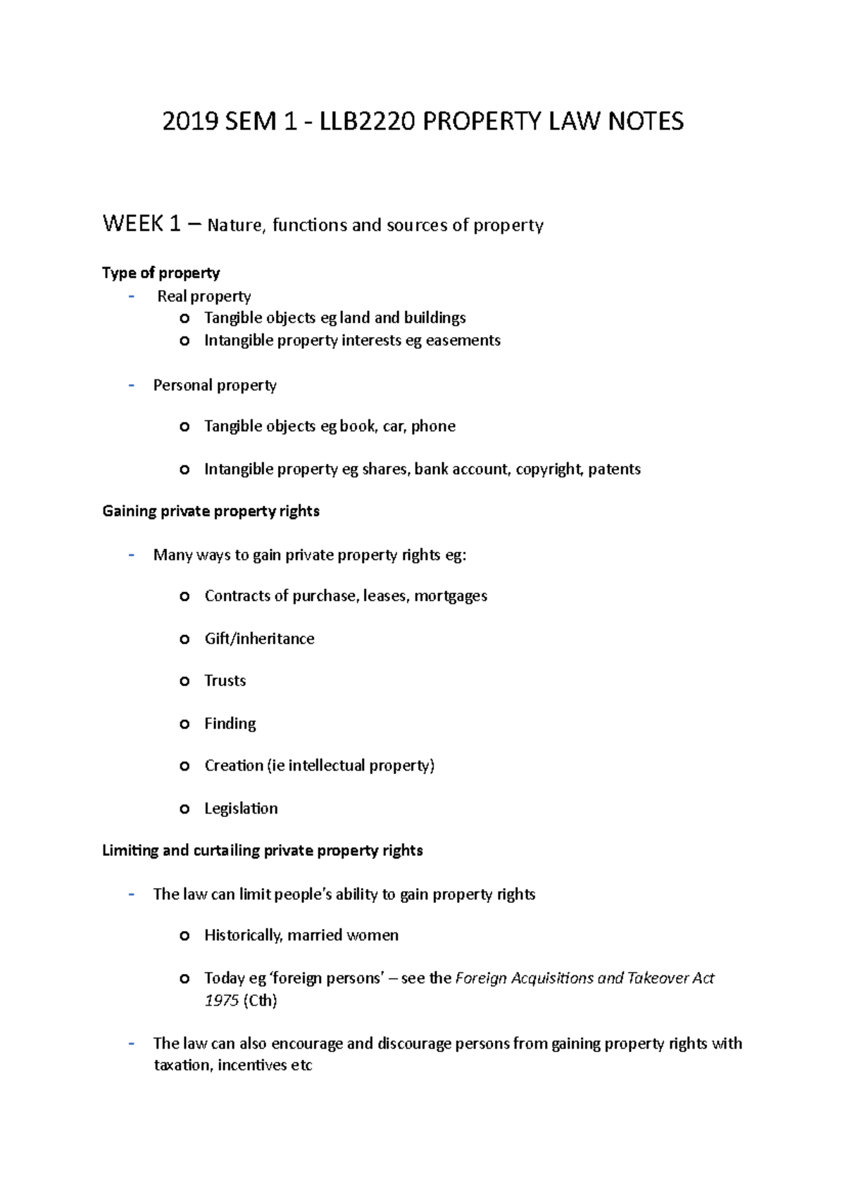 LLB2220 PROP LAW LEC Notes - 2019 SEM 1 - LLB2220 PROPERTY LAW NOTES ...