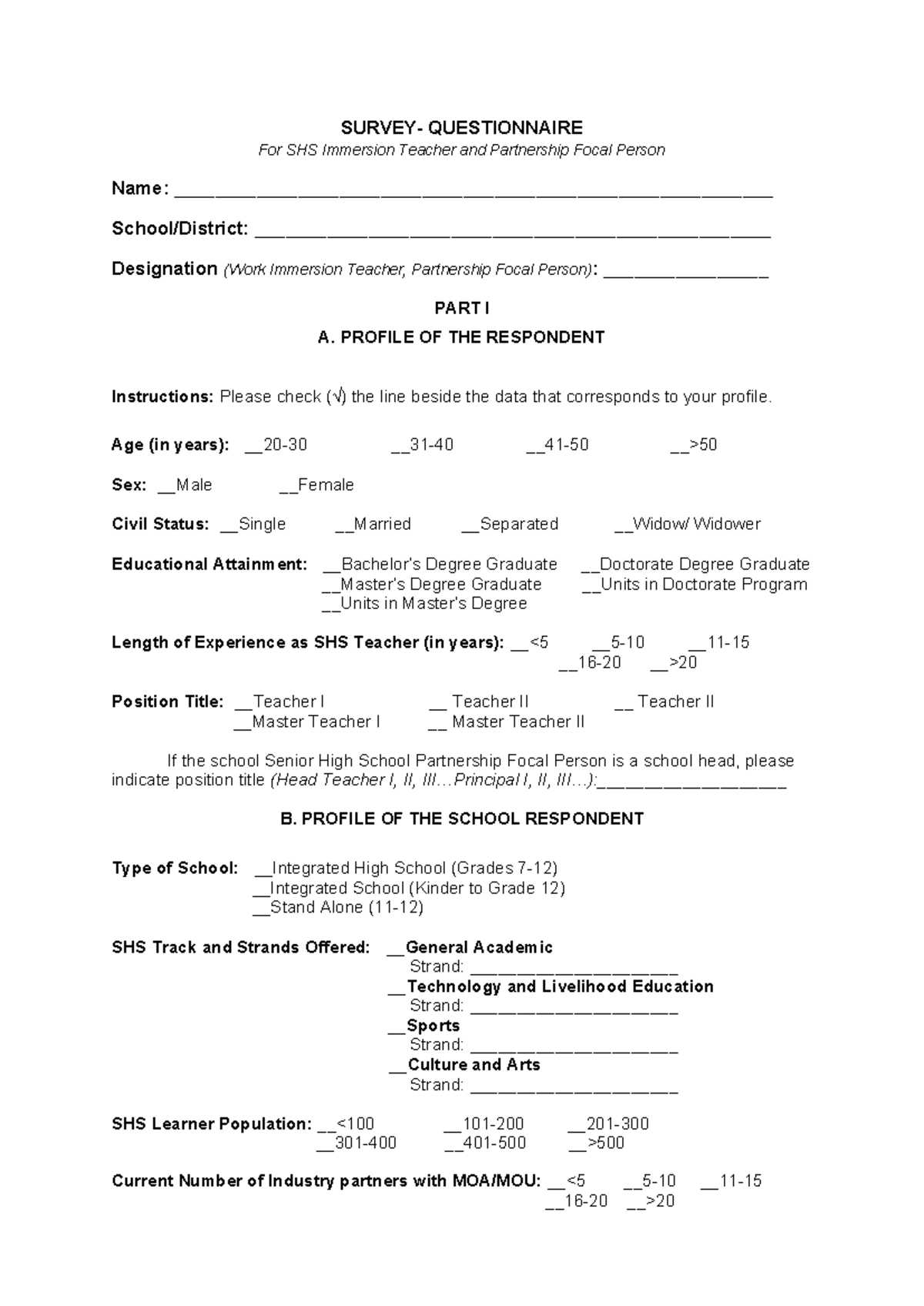 Quintana Caroline Questionnaire Draft 1 - SURVEY- QUESTIONNAIRE For SHS ...