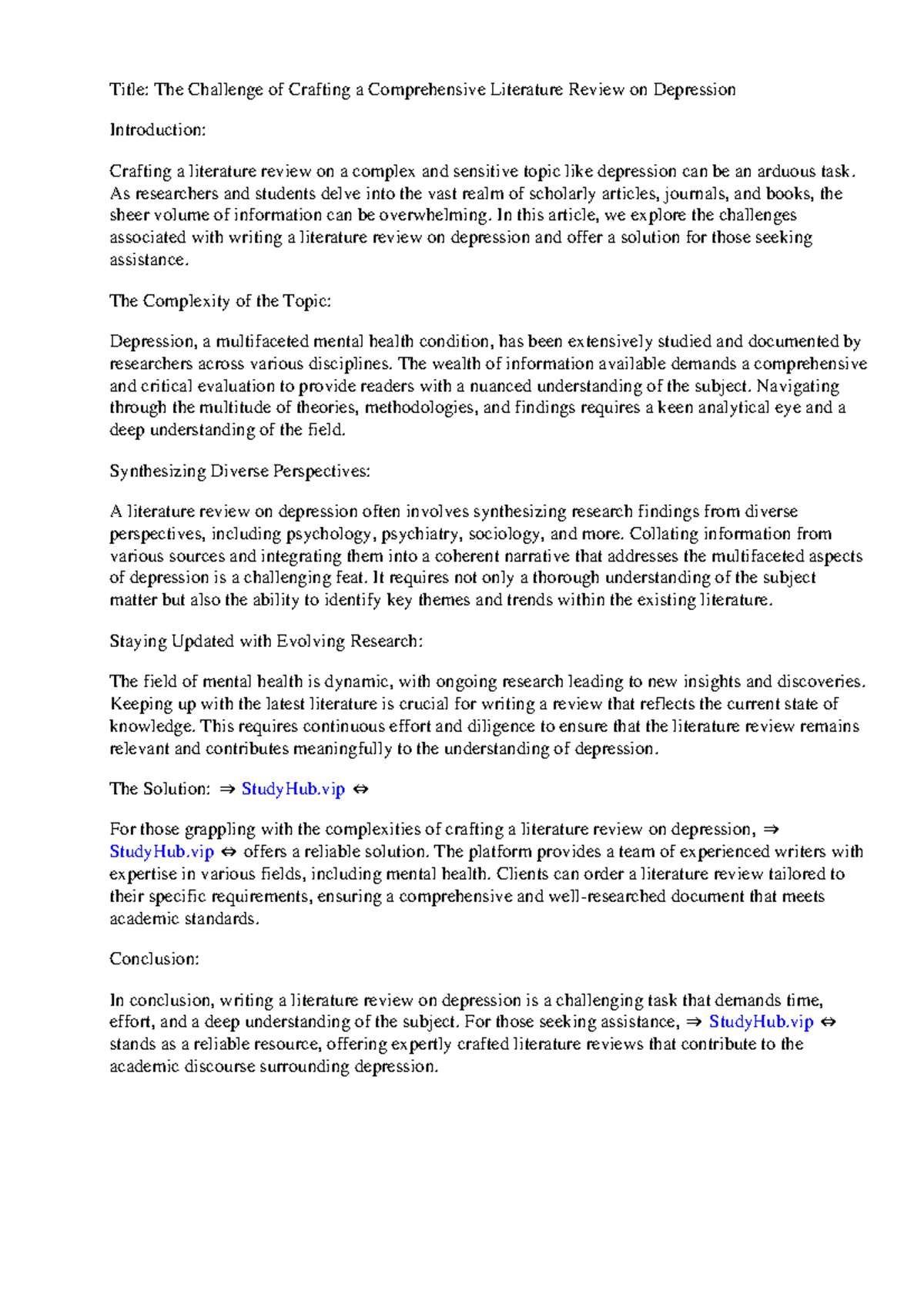 Literature Review Example Depression - Title: The Challenge of Crafting ...