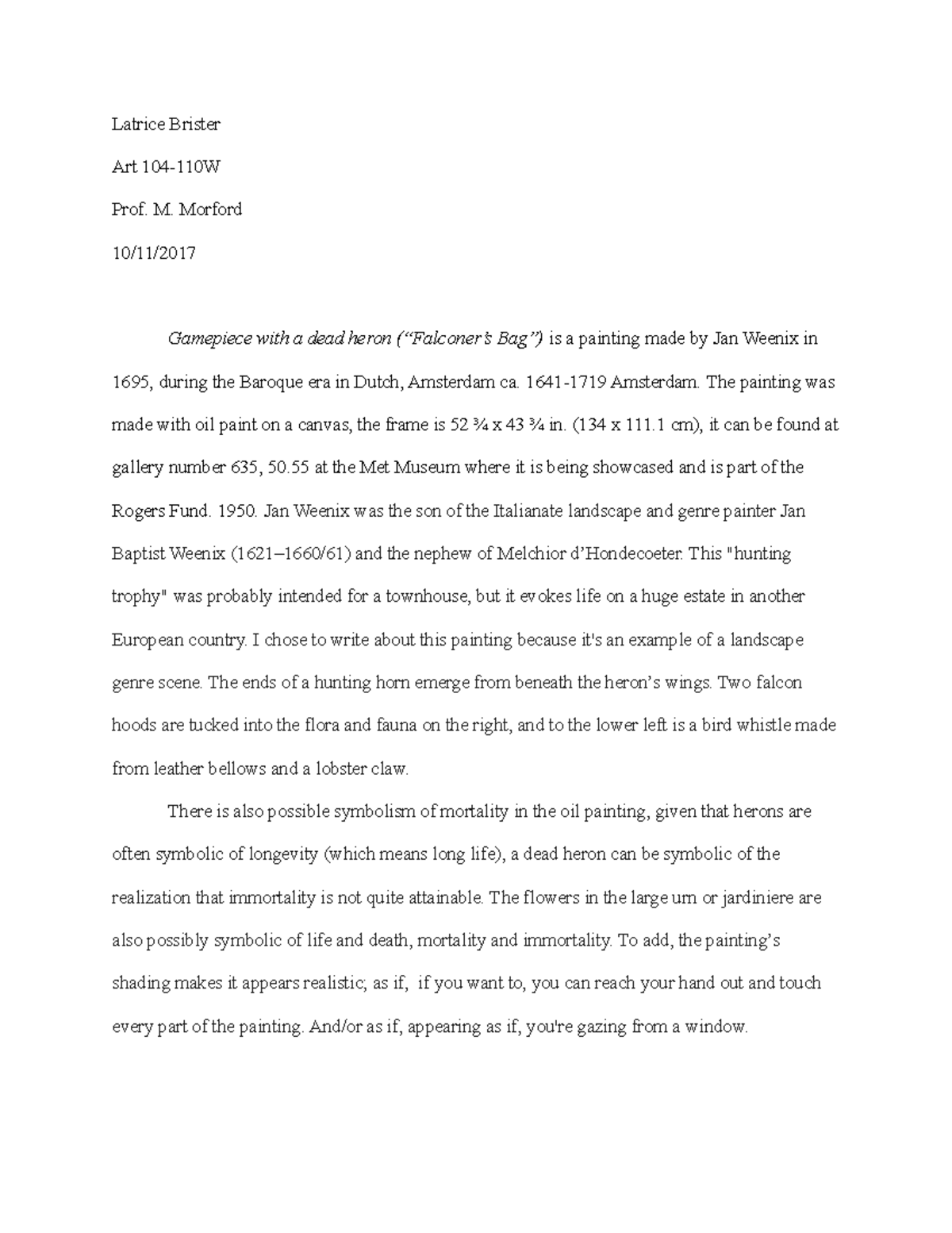 Museum Assignment 1 Intro Paragraph - Latrice Brister Art 104-110W Prof ...