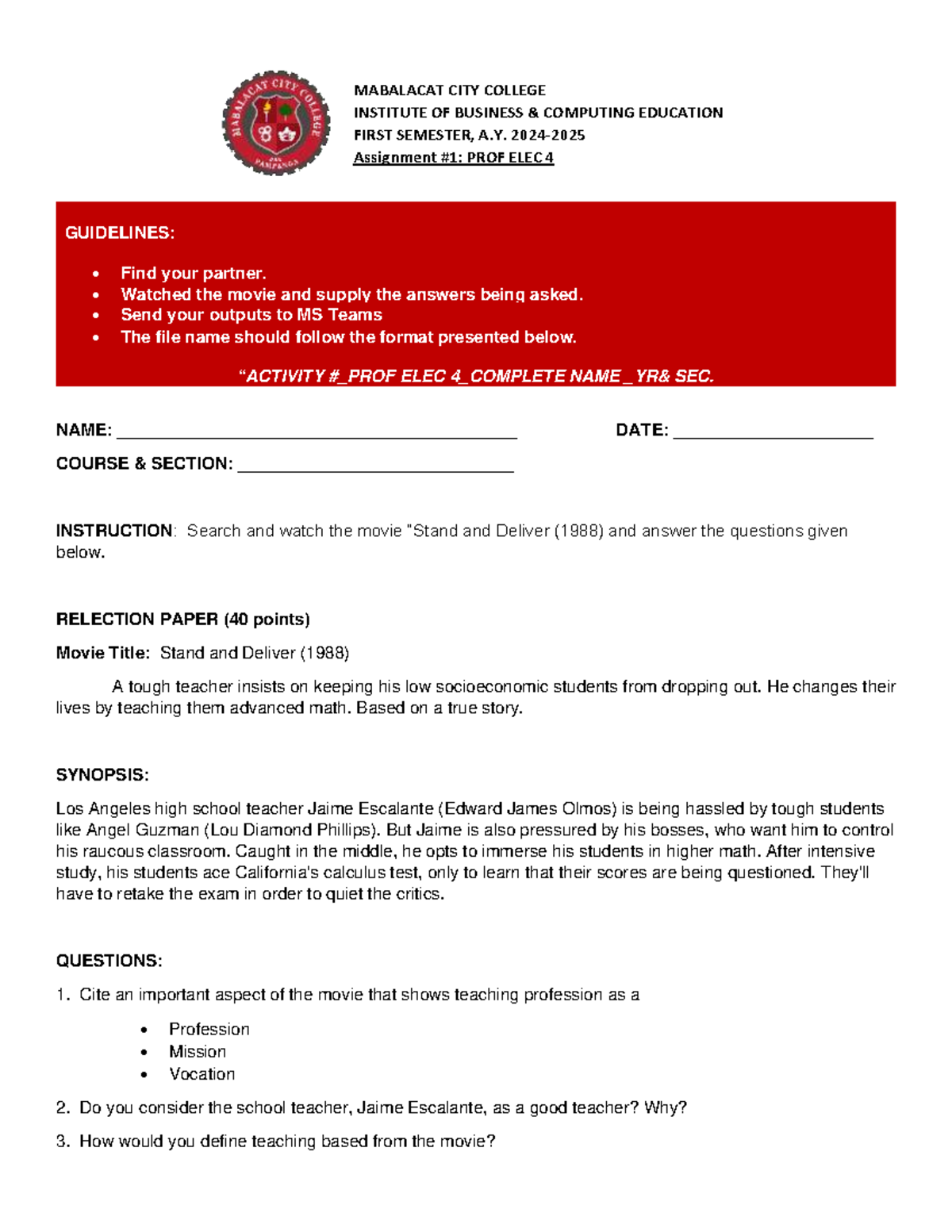 Activity - It is an assignment - MABALACAT CITY COLLEGE INSTITUTE OF BUSINESS & COMPUTING - Studocu