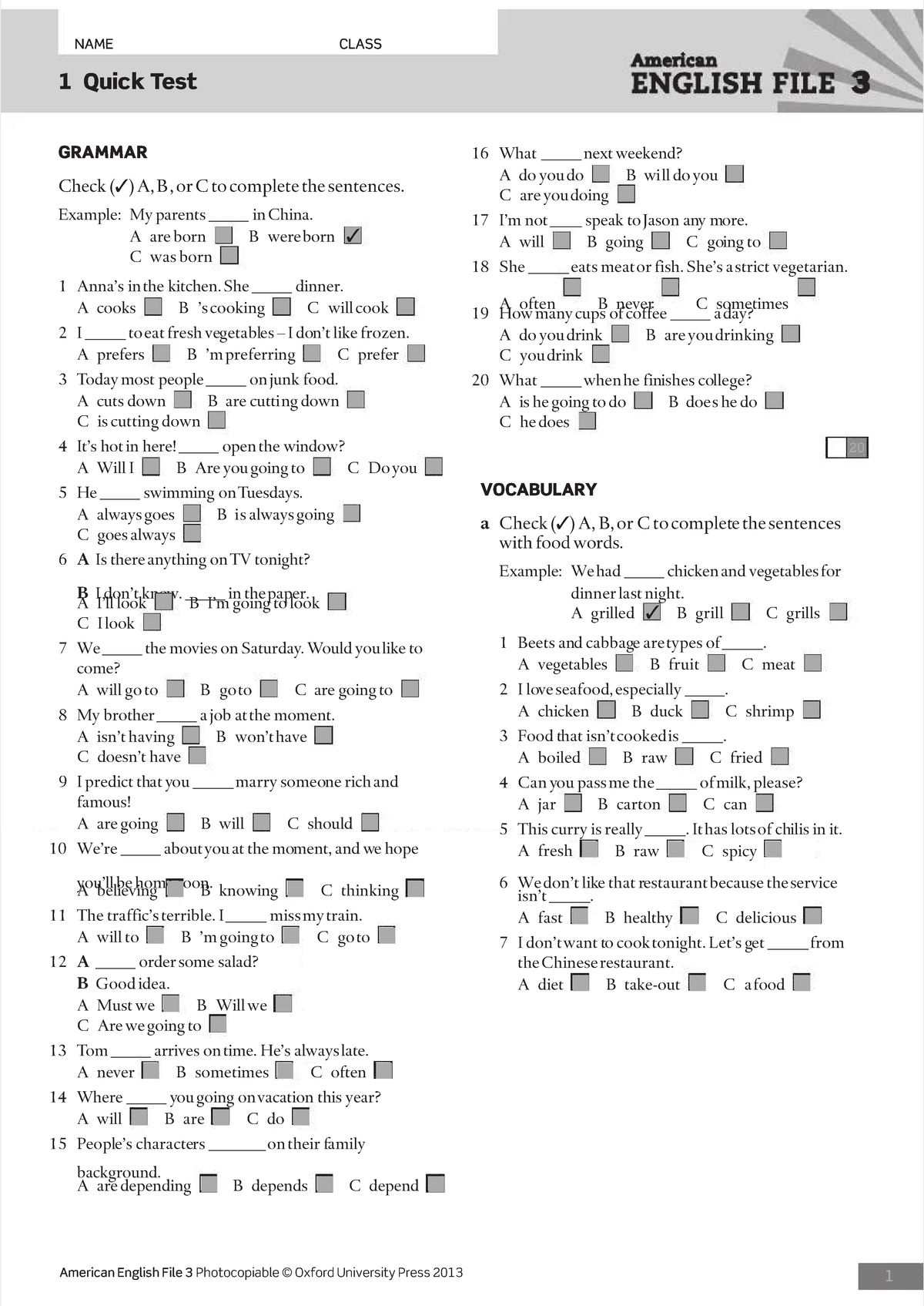 Quicktest 1 - AEF3 - Quick test 1 - 11 NAME NAME CLASSCLASS 1 1 ...
