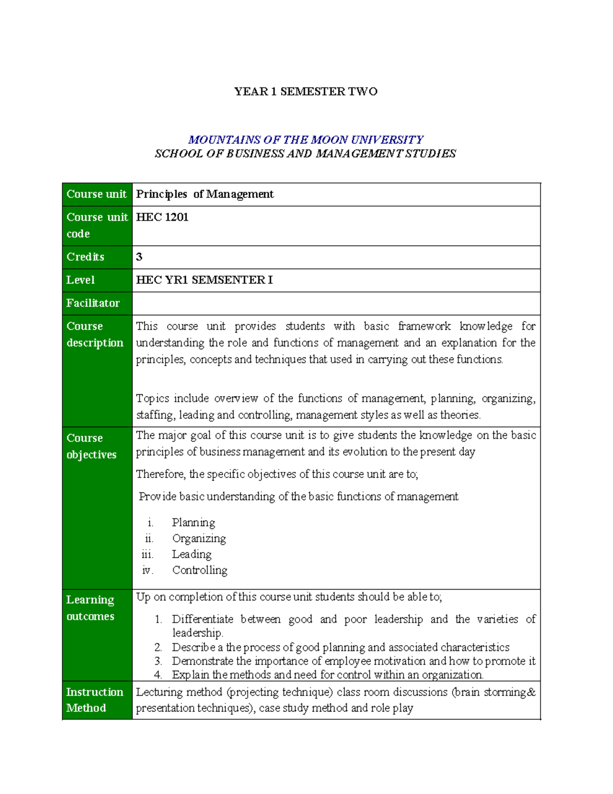 HEC Principles of Mgt - YEAR 1 SEMESTER TWO MOUNTAINS OF THE MOON ...