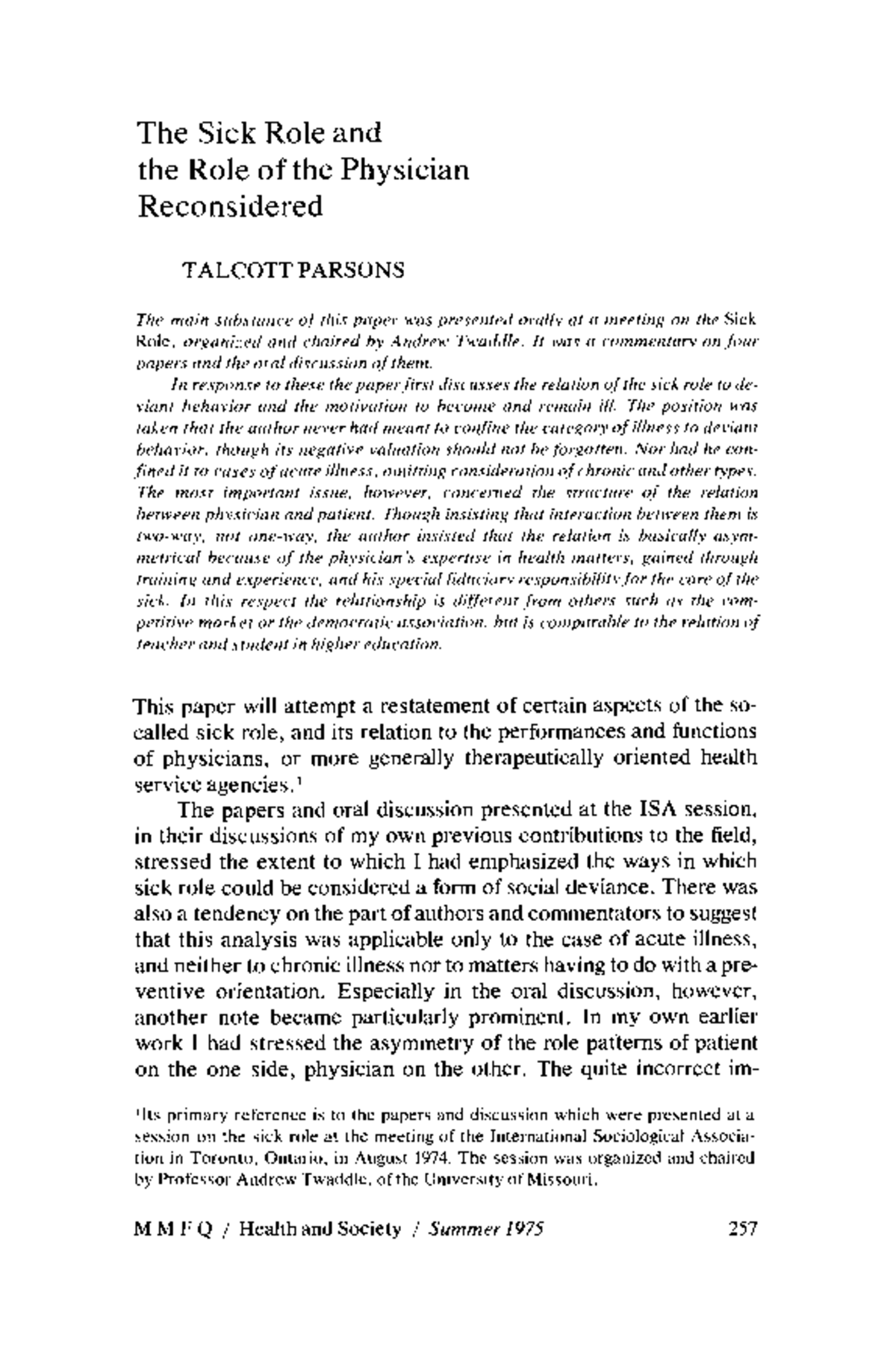 Sickrole - Reading for Sociology of Disability. NEP GEC-5 - The Sick ...