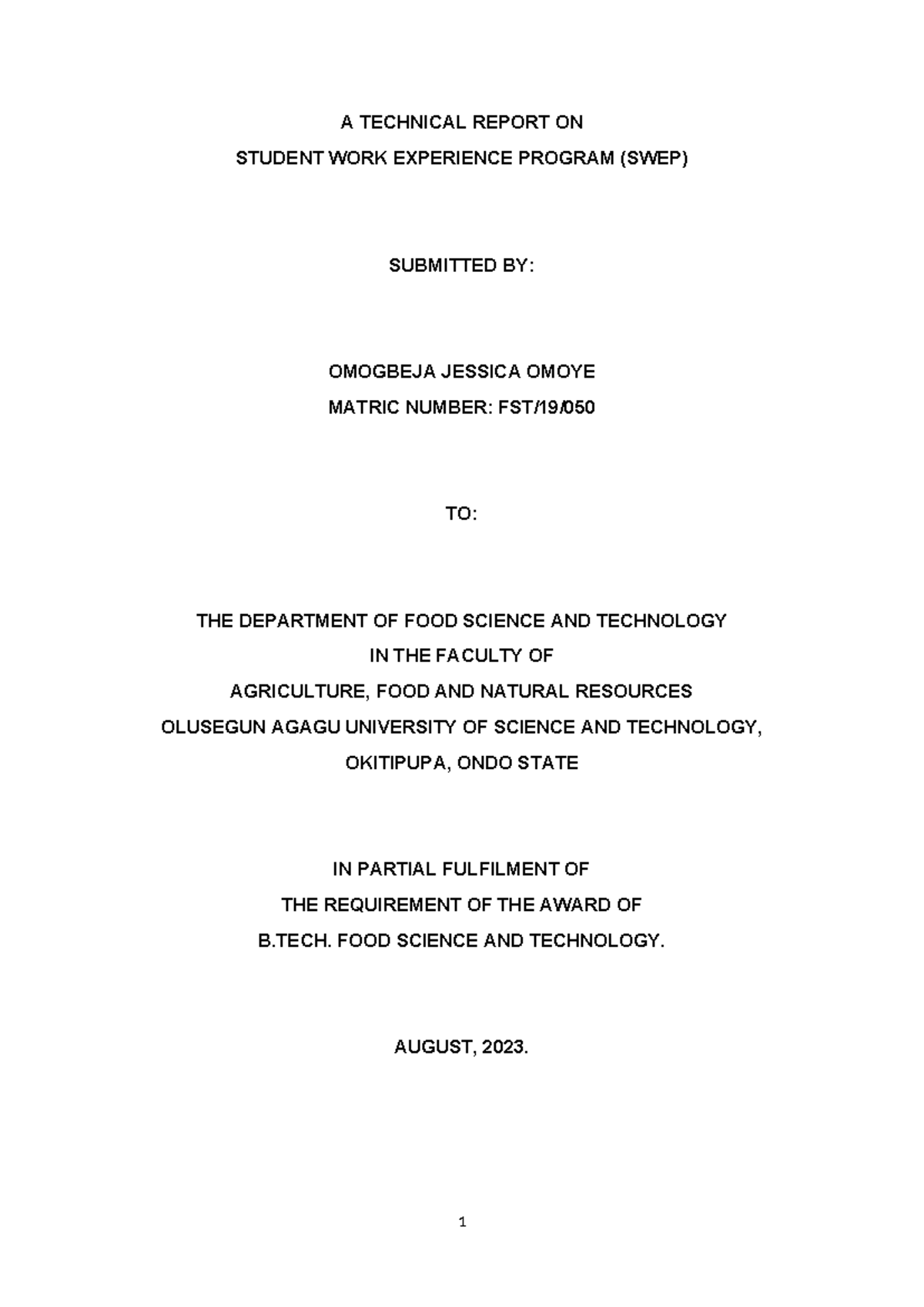A Technical Report on Student Work Experience Program - A TECHNICAL ...