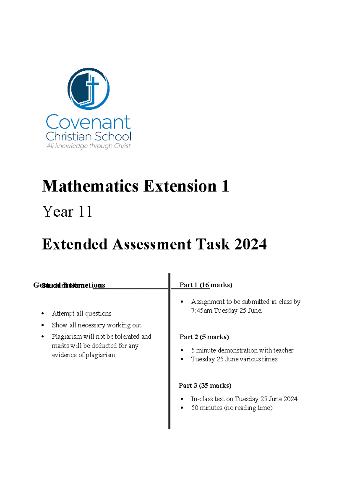 Year 11 Ext 1 Assessment Task 2 Part 1 2024 - Mathematics Extension 1 ...