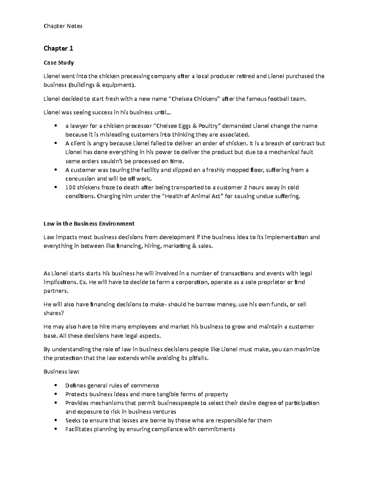 Chapter 1 Notes - Chapter 1 Case Study Lionel went into the chicken ...