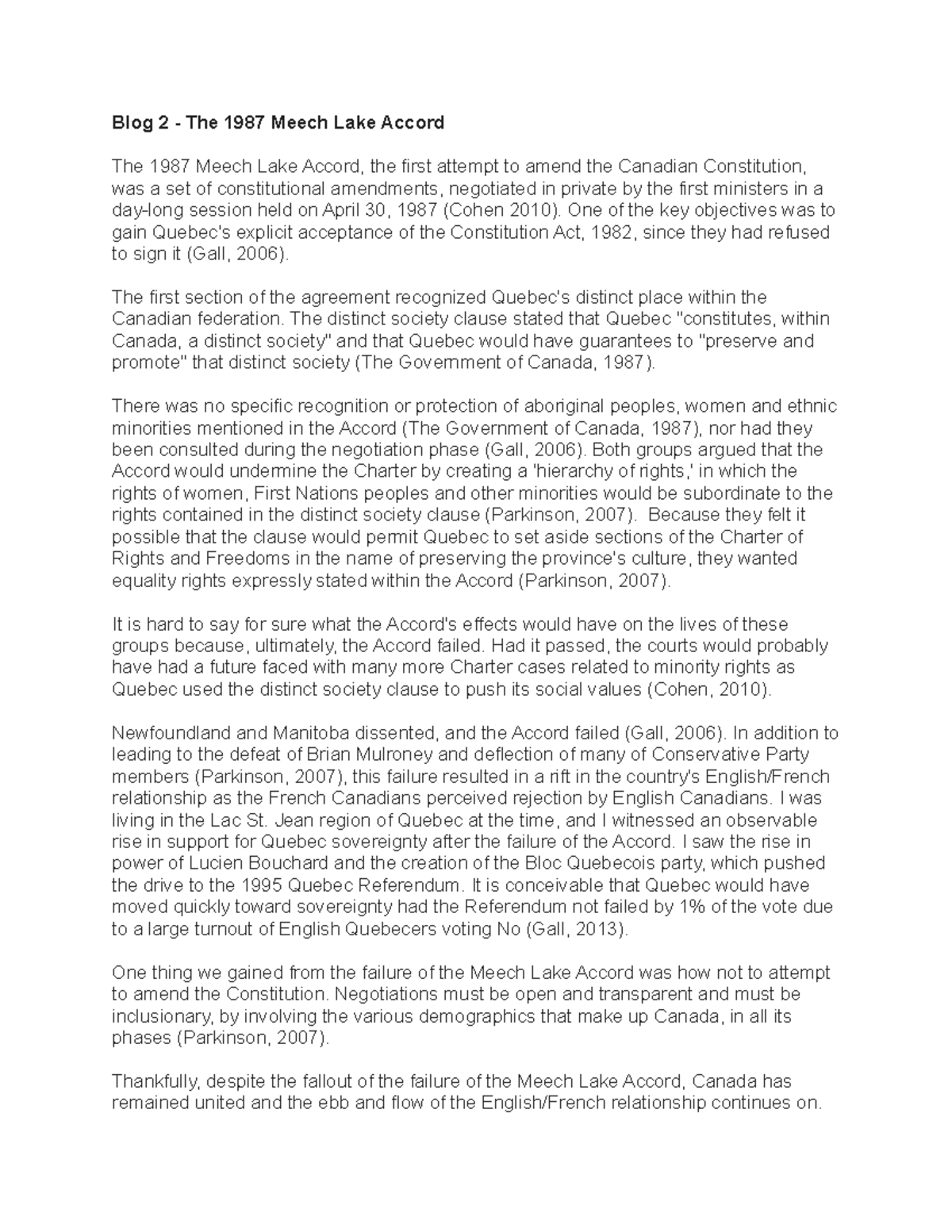 Blog 2 - The 1987 Meech Lake Accord - Hist 329 - AU - Studocu