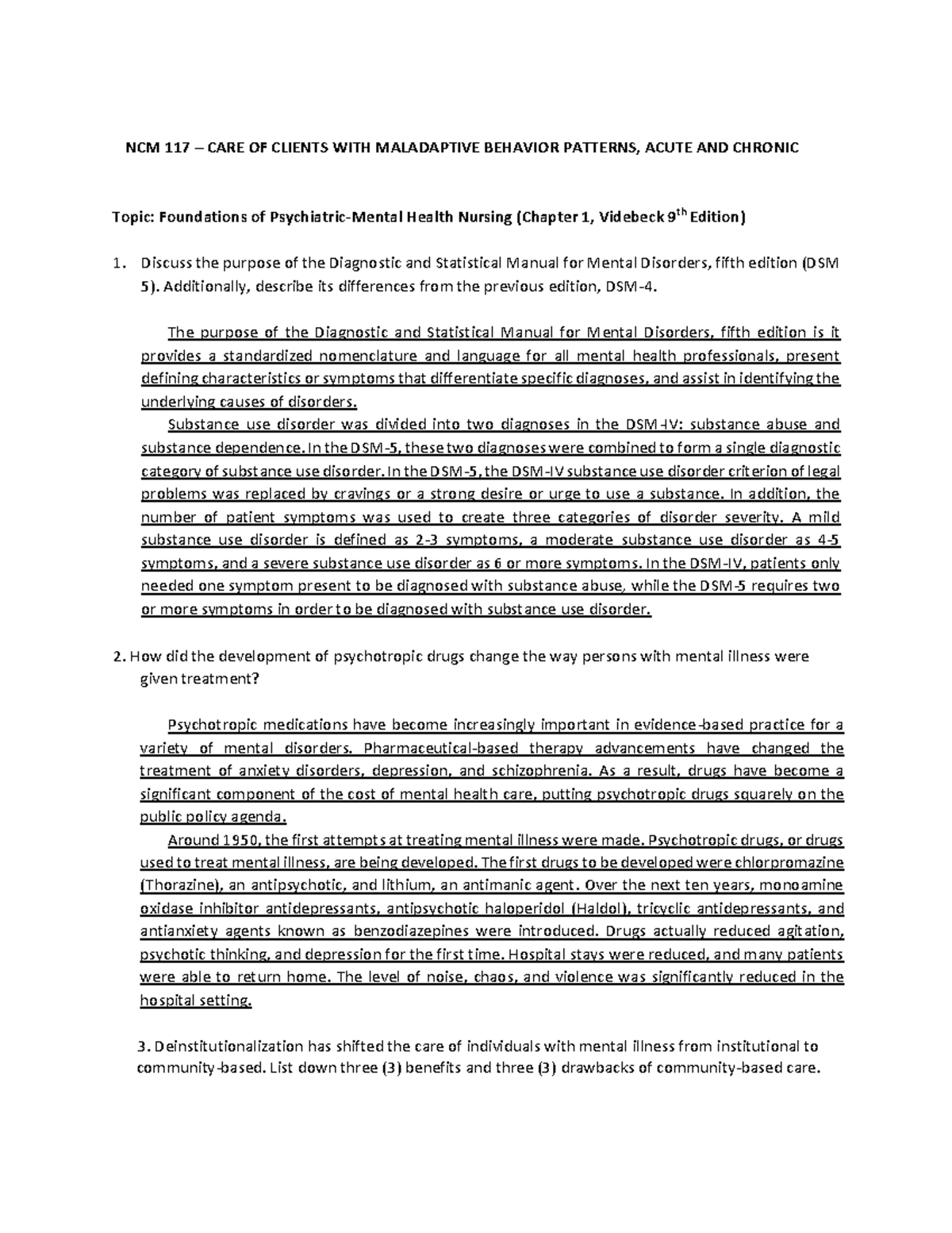 NCM 117 – CARE OF Clients WITH Maladaptive Behavior Patterns, Acute AND Chronic - NCM 117 – CARE ...