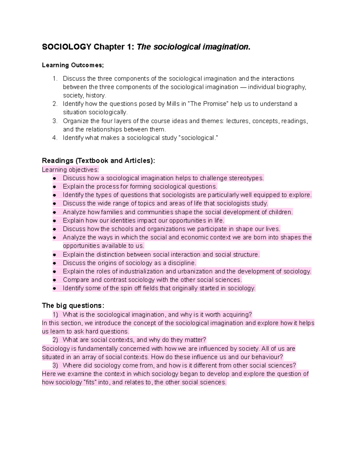 Socio chapter 1 - SOCIOLOGY Chapter 1: The sociological imagination ...