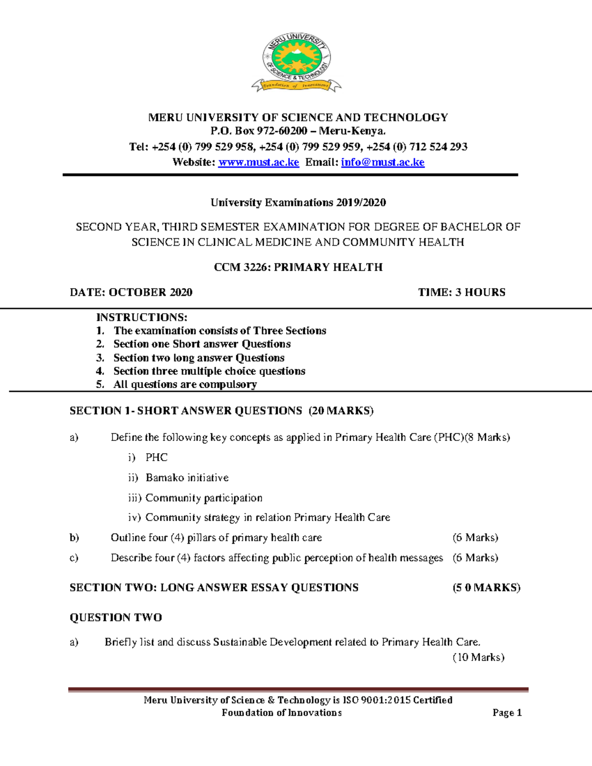 CCM 3226 Primary Health - Meru University of Science & Technology is ...