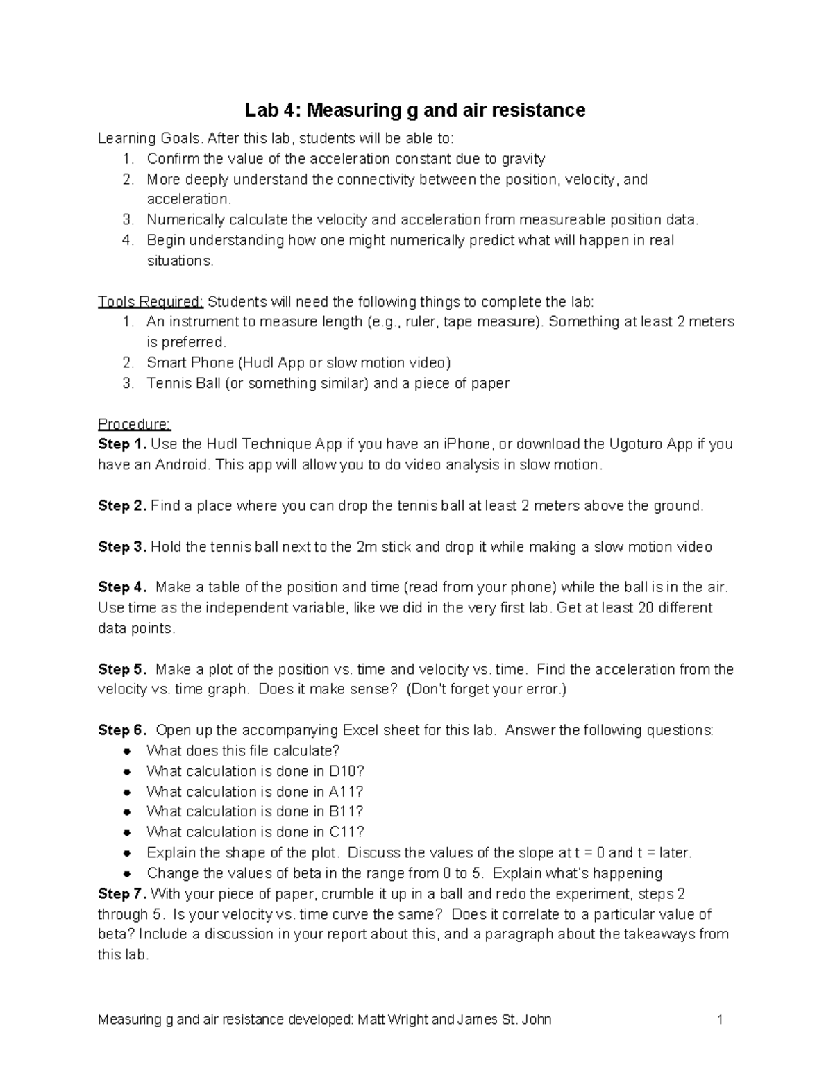 113 Lab 4 Measuring Acceleration of Gravity - Lab 4: Measuring g and ...