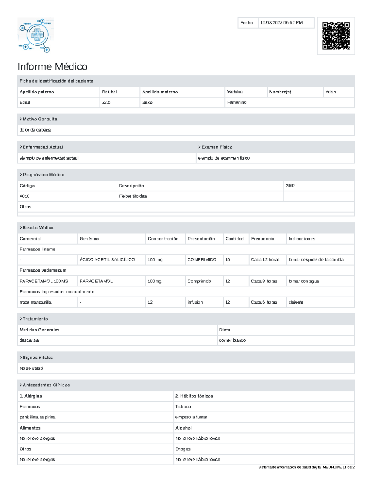 Nota medica ejemplo - Fecha 10/03/2023 06:52 PM Informe Médico Ficha de ...