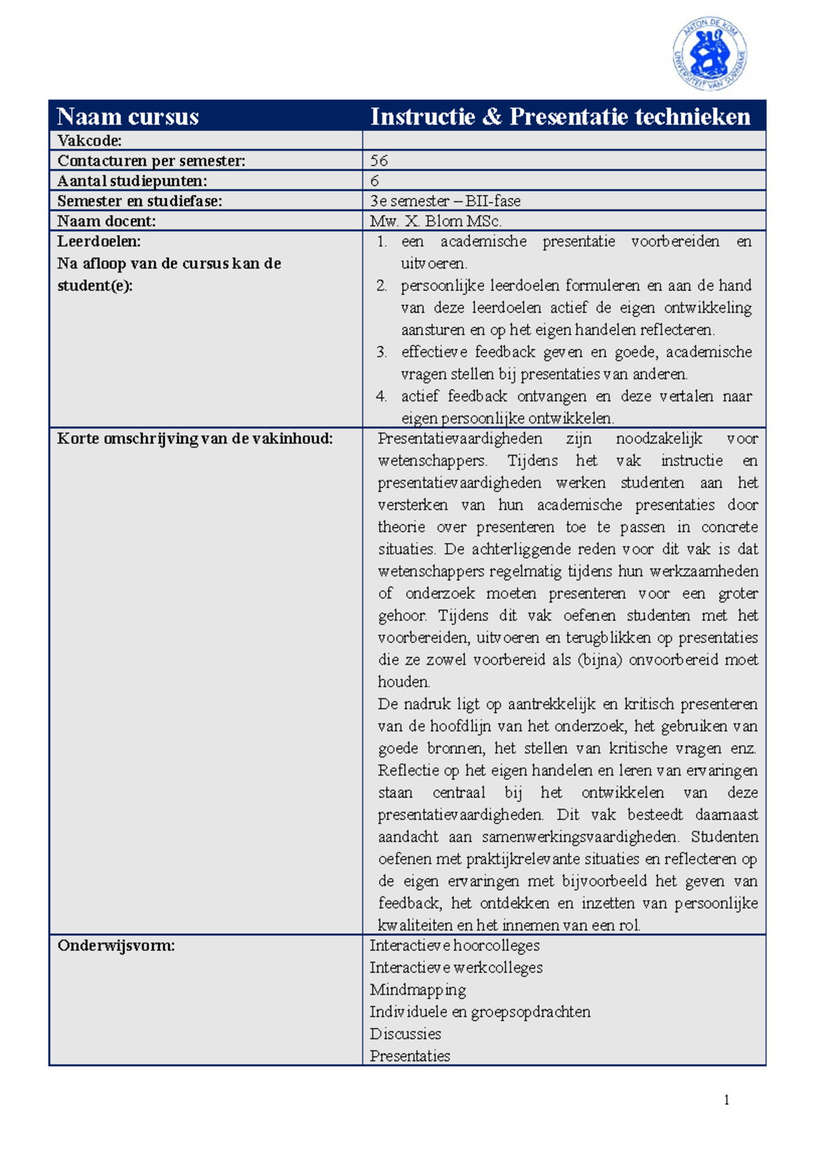 Vakomschrijving Instructie Presentatietechnieken 2022 - 2022 - Naam ...