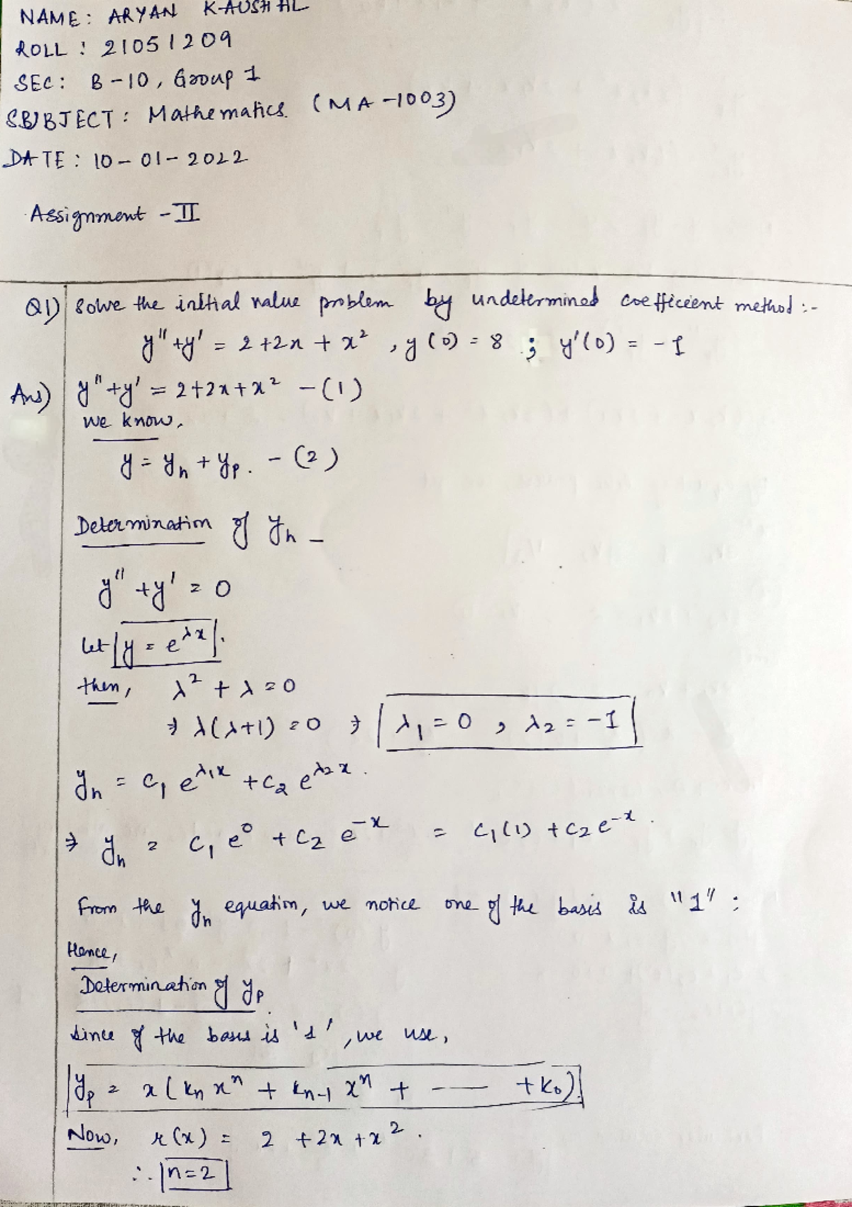 Maths Assignment 2 - NAME: ARYAN KADSH - HL RoLL 2105 2 0 SEC: B 10 ...