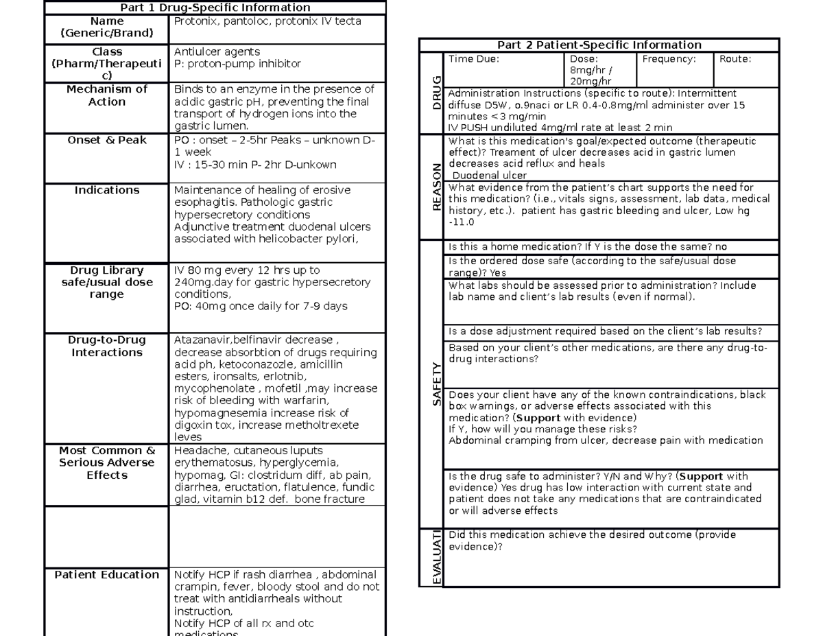 Protonixx - med sheet - Part 2 Patient-Specific Information DRUG Time ...