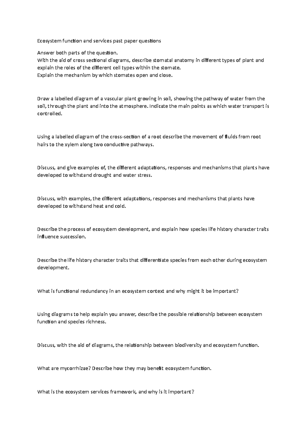 Ecosystem function and services past paper questions - With the aid of ...