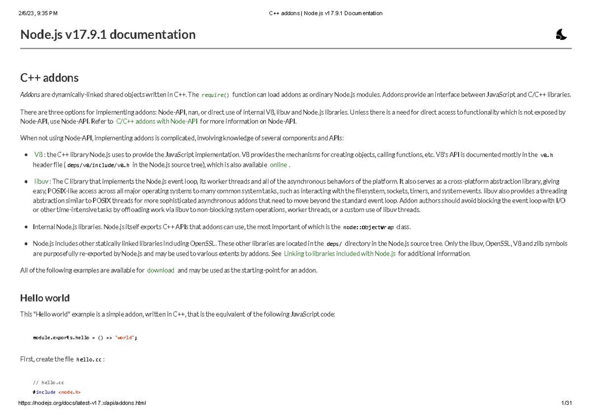 C Addons Nodejs V1791 Documentation Addons Are Dynamically Linked Shared Objects Written