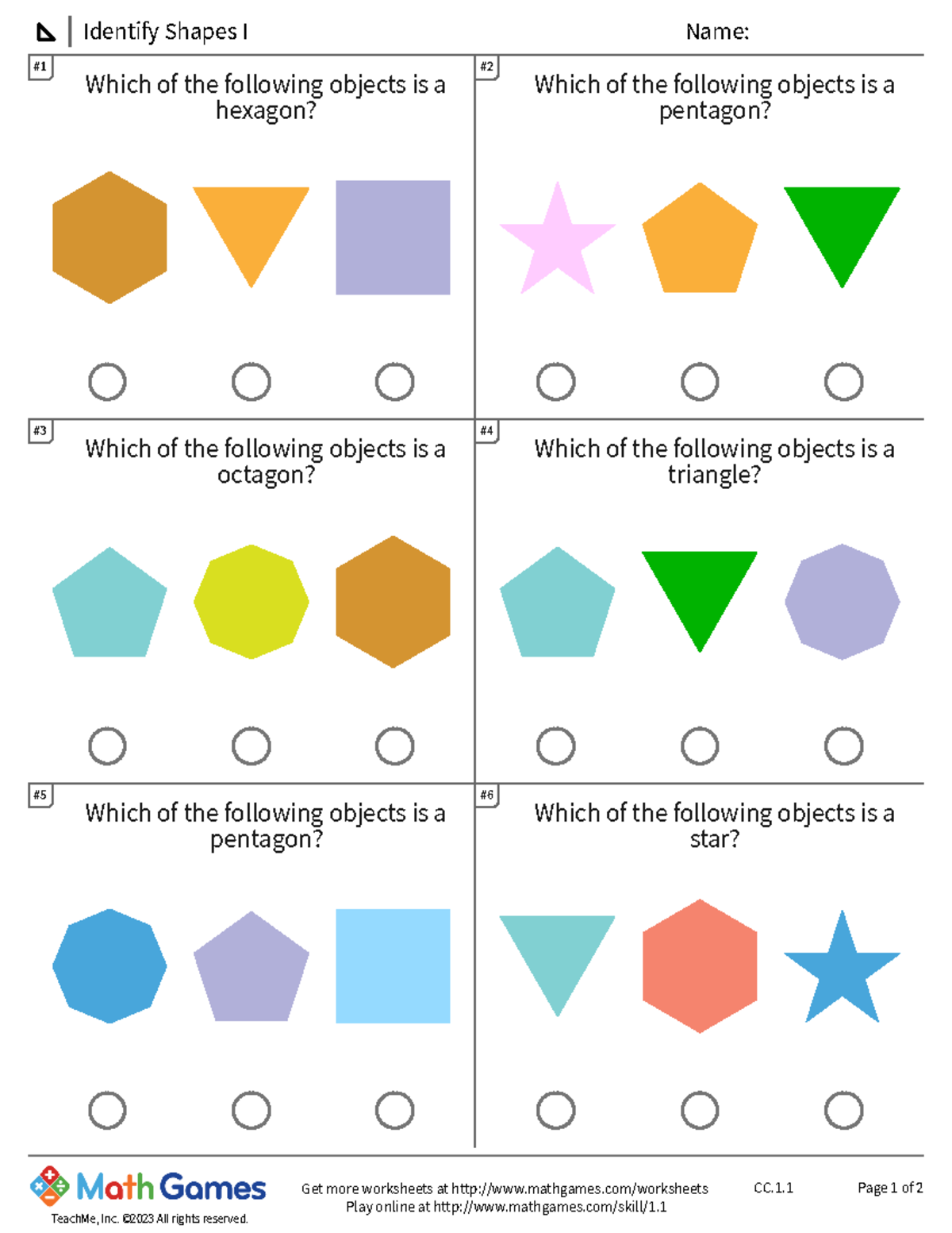 1-1-identify-shapes-i - Identify Shapes I Name: Which of the following ...