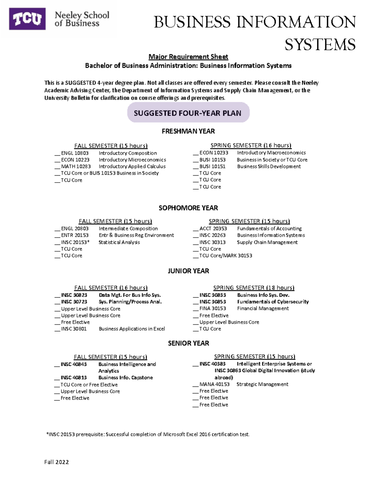 BIS-4Year Plan - Fall 2022 Major Requirement Sheet Bachelor of Business ...