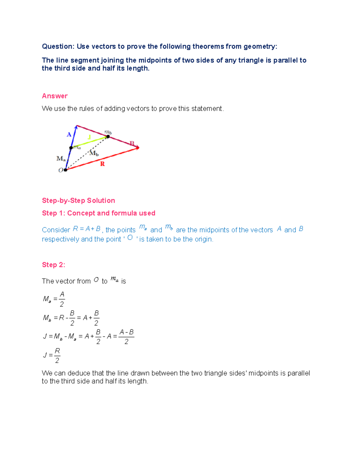 Maths most repeated questions5 - Question: Use vectors to prove the following theorems from ...