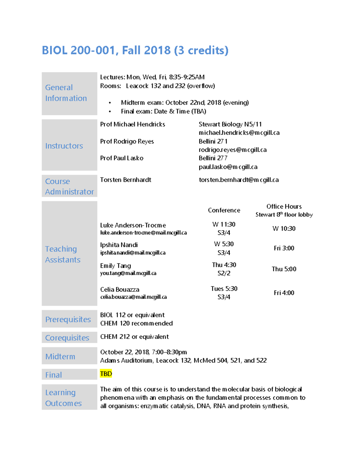 2018 - BIOL 200 Syllabus and Course Outline - BIOL 200-001, Fall 2018 ...