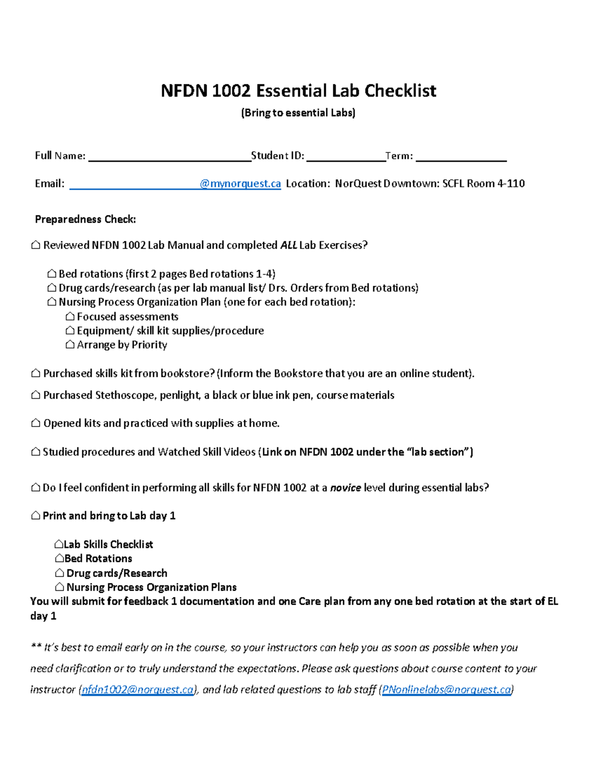 NFDN 1002 Lab Checklist Fall 2020 - NFDN 1002 Essential Lab Checklist ...