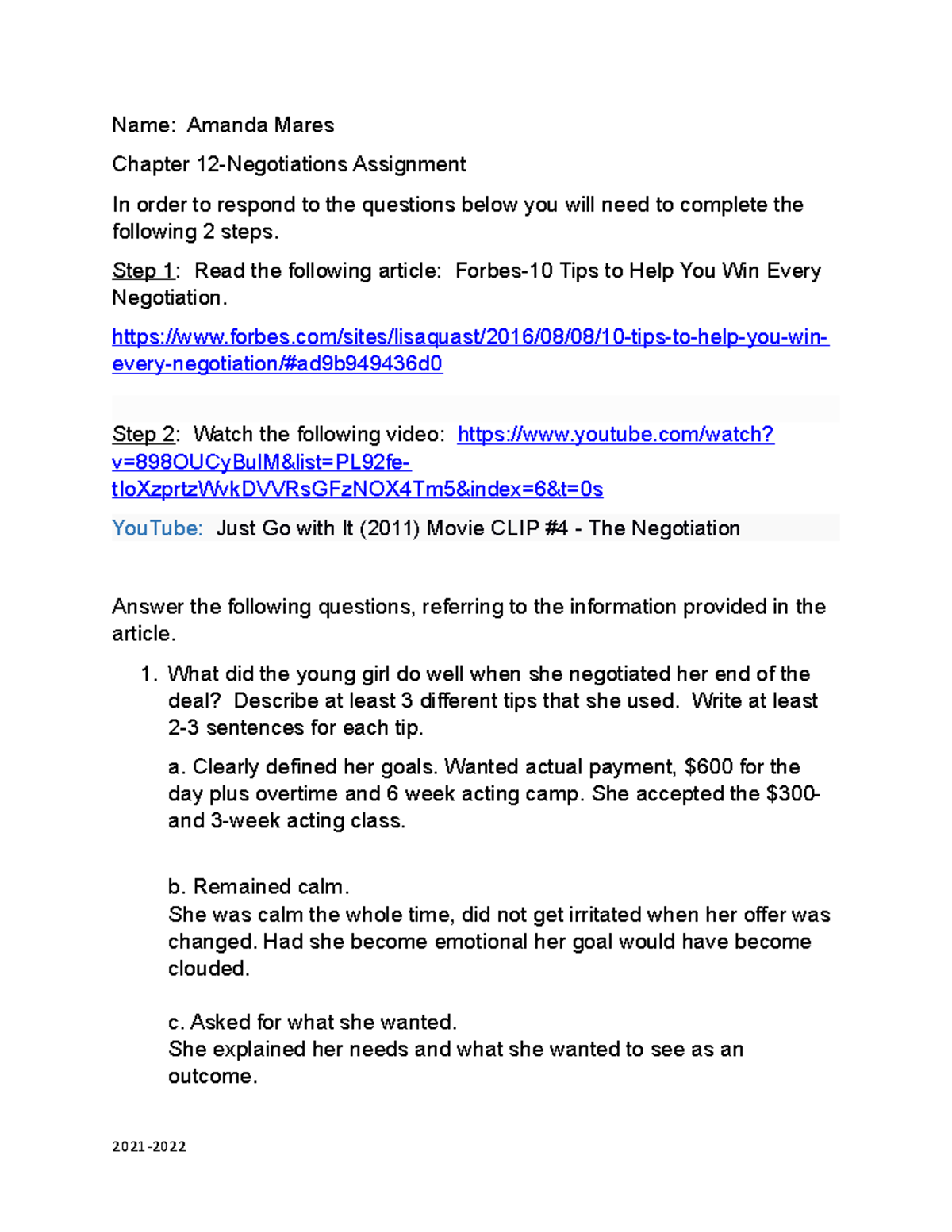 Mares Amanda Module 10-Negotiation Assignment - Copy - Name: Amanda ...