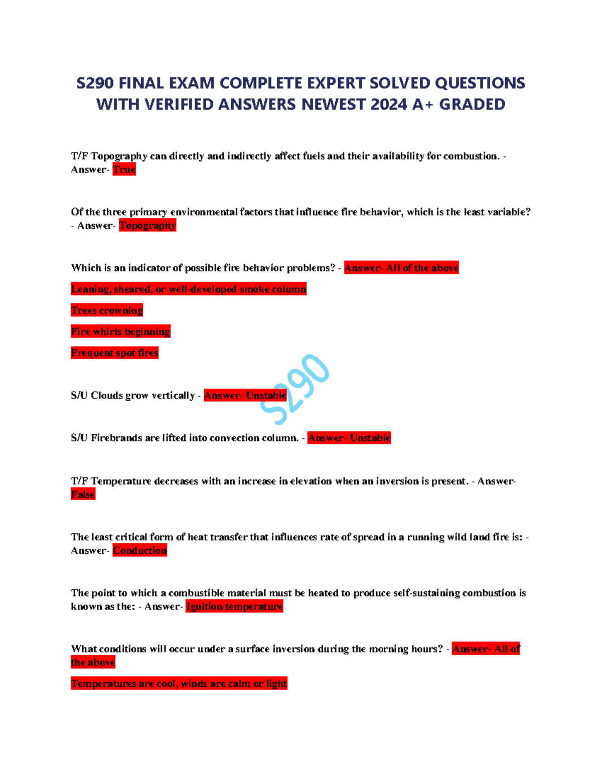 S290 Final EXAM Complete Expert Solved Questions WITH Verified Answers ...