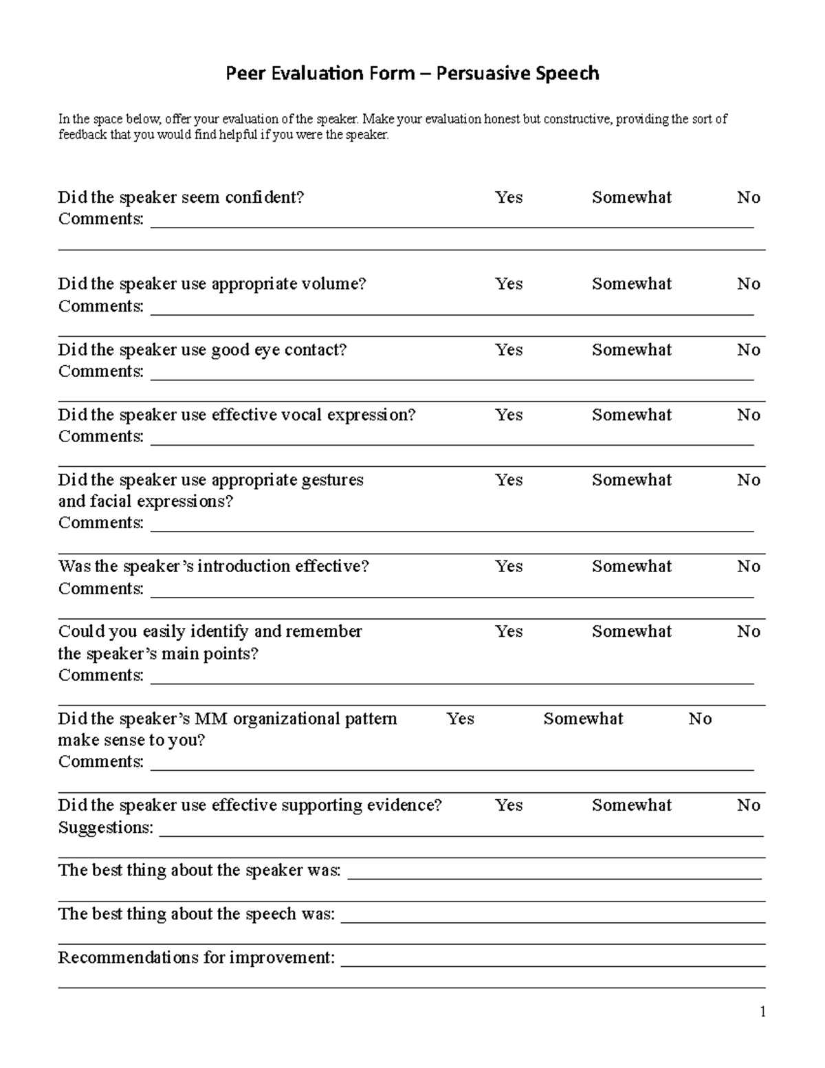 Peer Evaluation Persuasive Speech - Peer Evaluation Form – Persuasive ...
