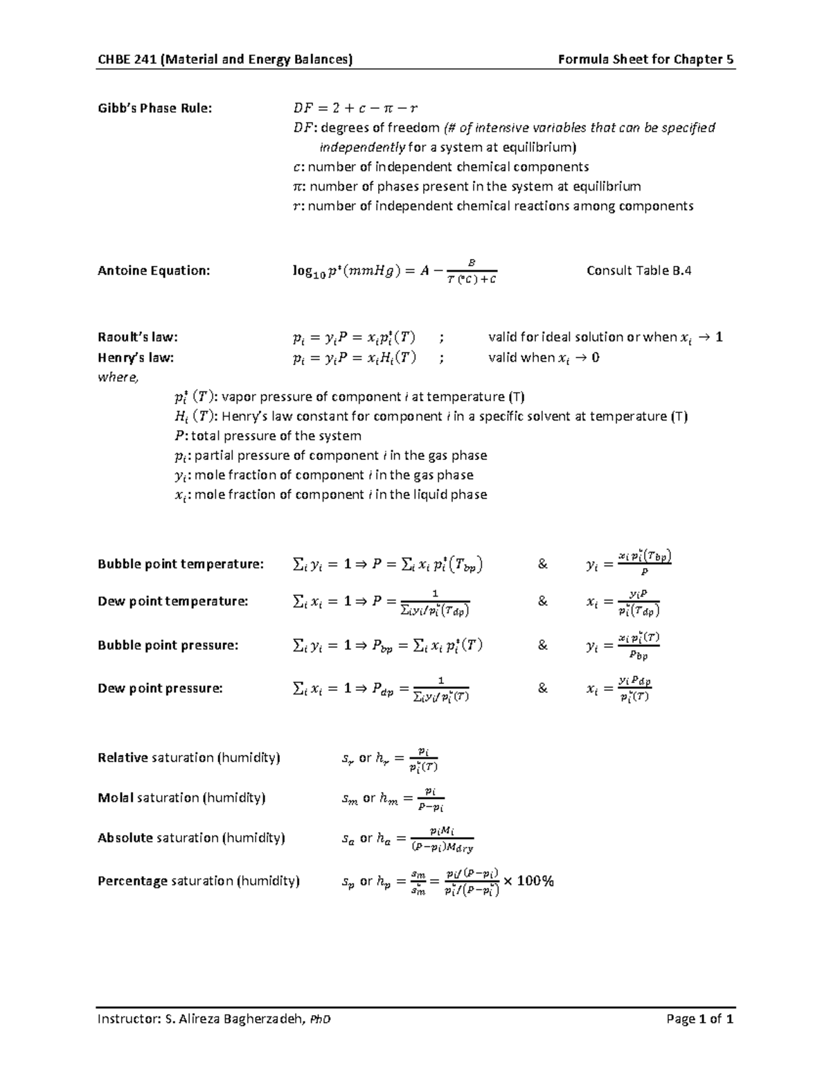 Ch 5 (VL Systems) Formula Sheet - CHBE 241 (Material and Energy ...