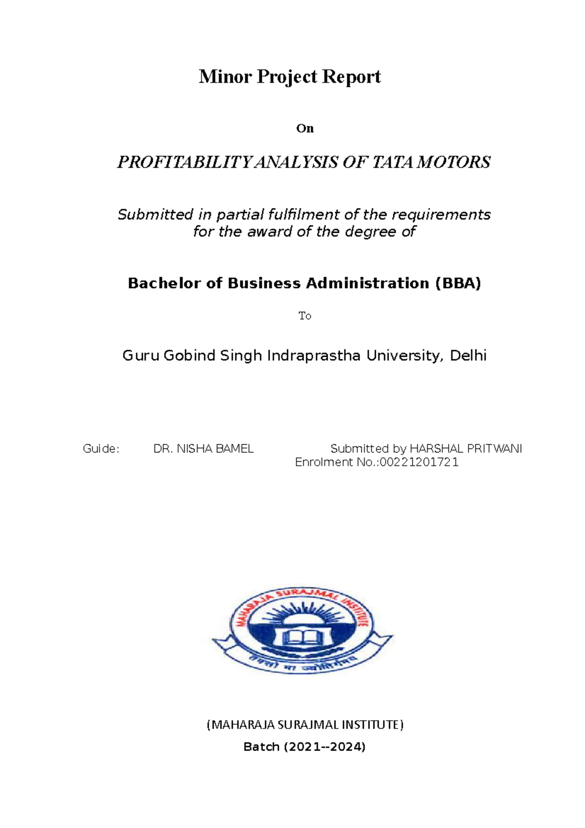 Harshal MPR final - mpr - Minor Project Report On PROFITABILITY ...