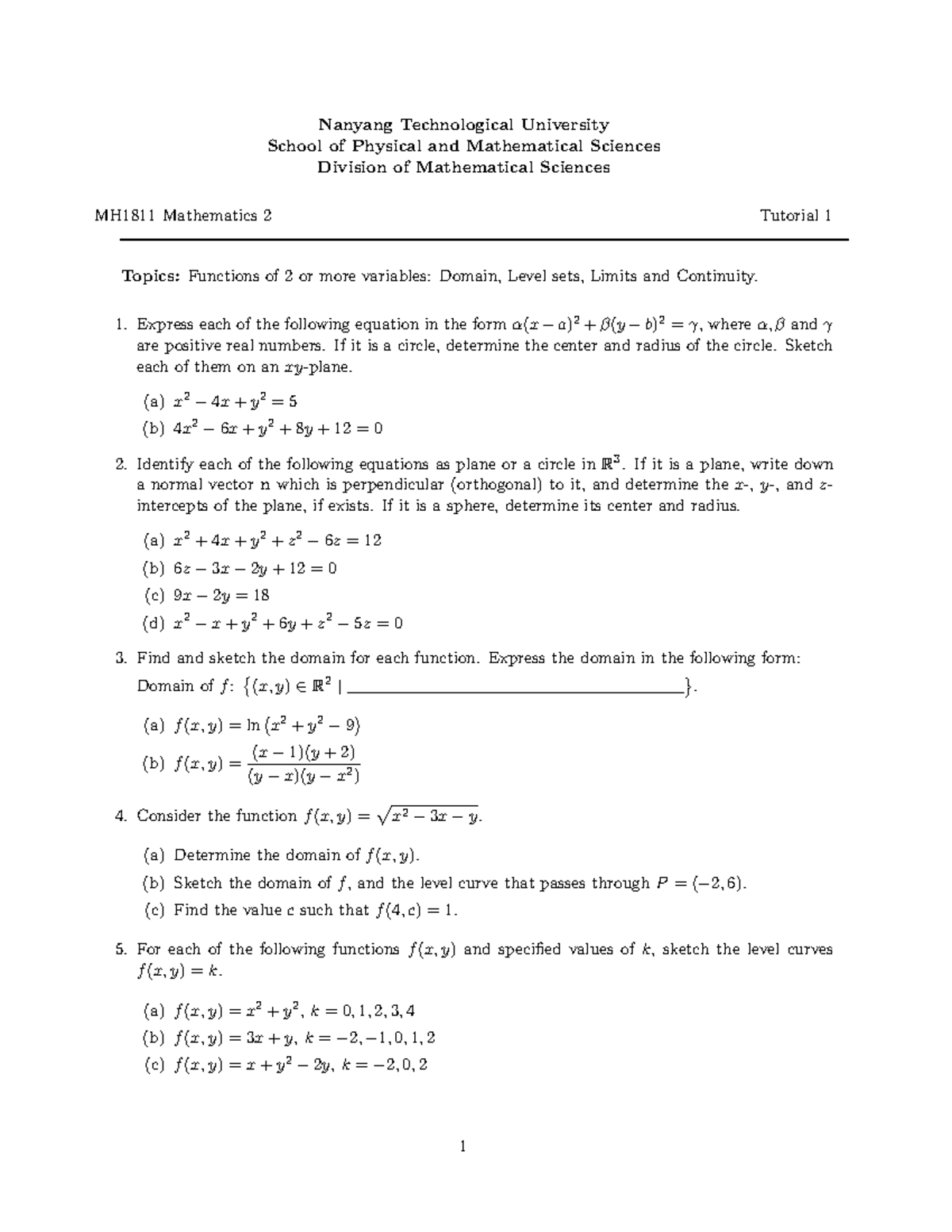 MH1811 Tutorial 1 2022 - math II - Nanyang Technological University School of Physical and - Studocu