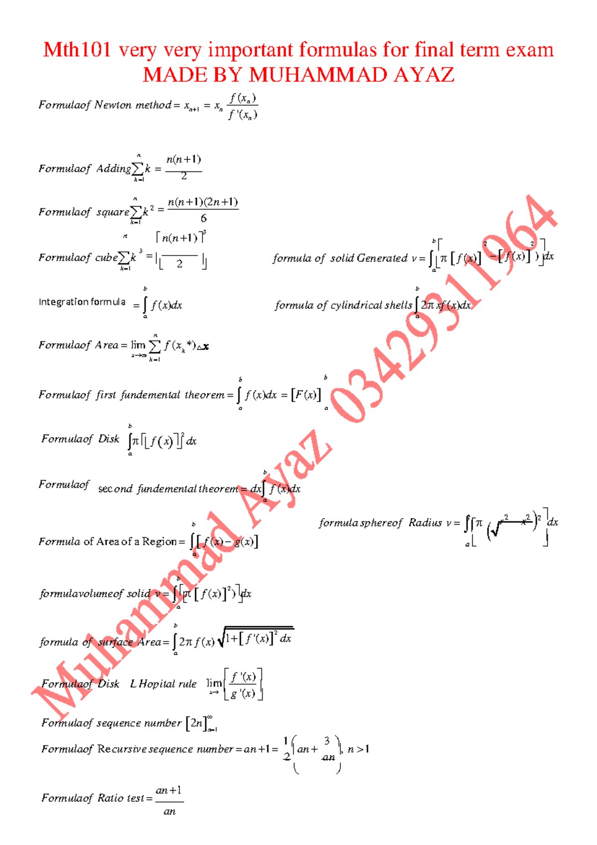 MTH101 very important formulas made by Muhammad AYAZ - Mth101 very very important formulas for ...