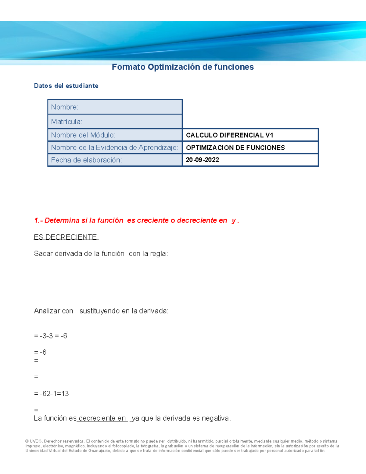 Optimización - optimizacion de funciones - Formato Optimización de funciones Datos del ...