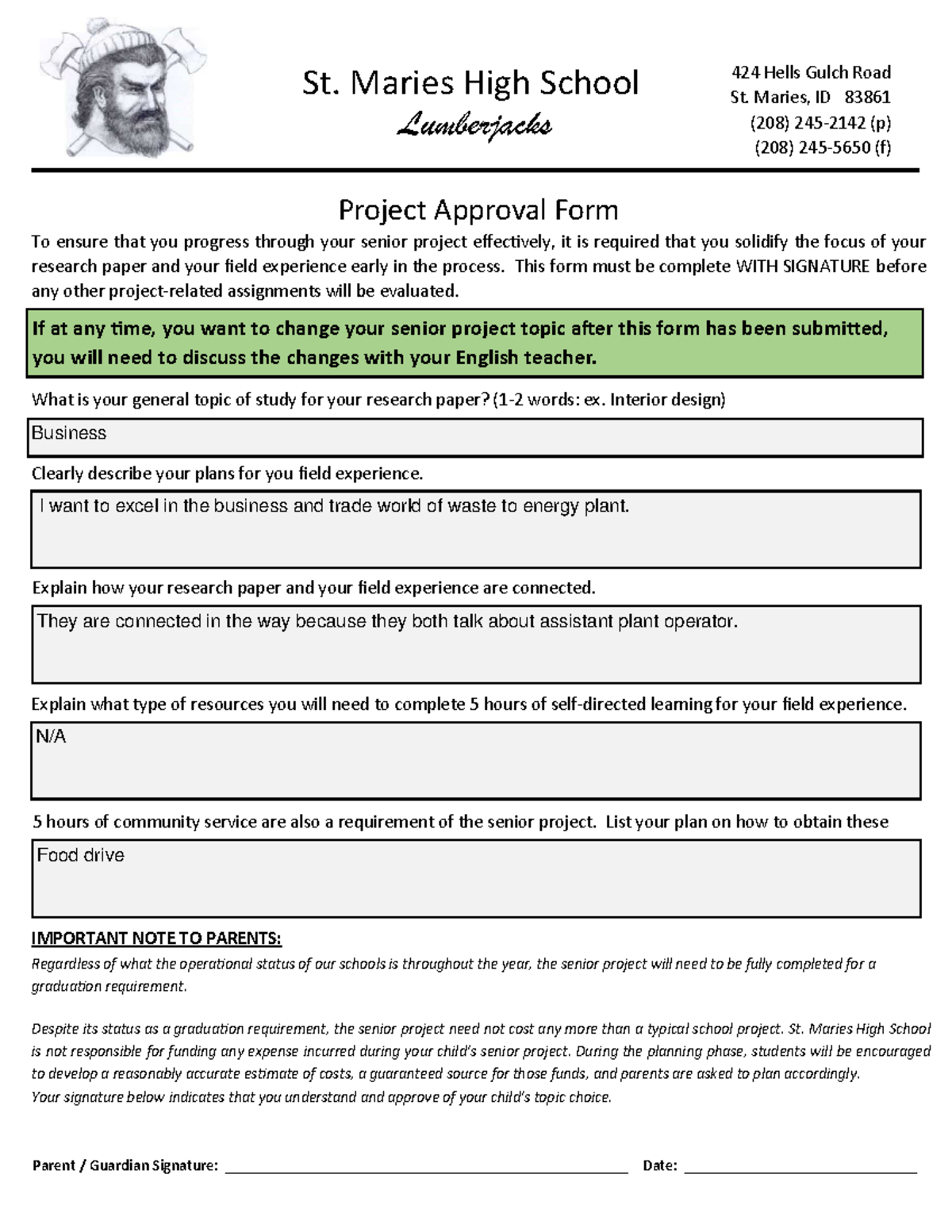 Project Proposal Form - St. Maries High School 424 Hells Gulch Road St ...