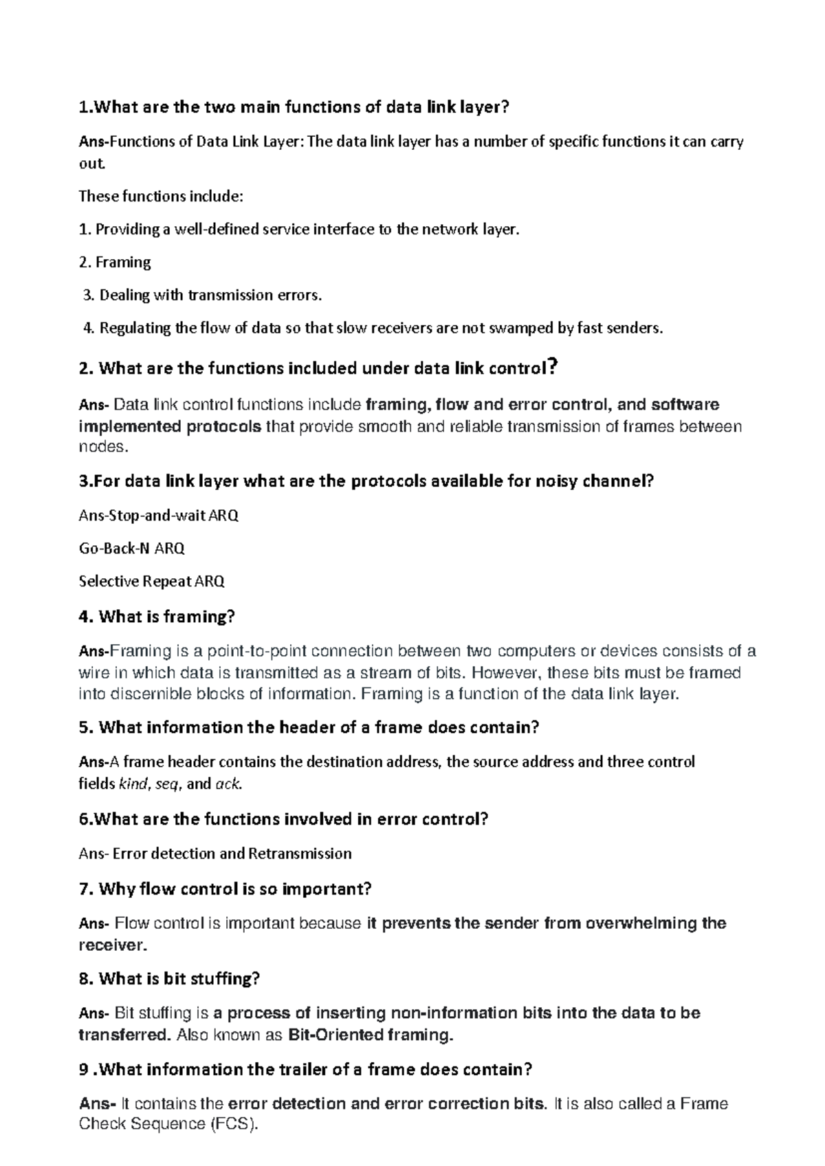 Network - KNKJKBKBK - 1 are the two main functions of data link layer ...