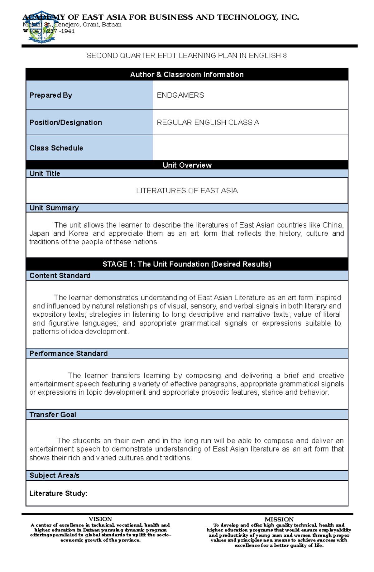Sample Unit Learning Plan - Mabini St., Tenejero, Orani, Bataan (047 ...