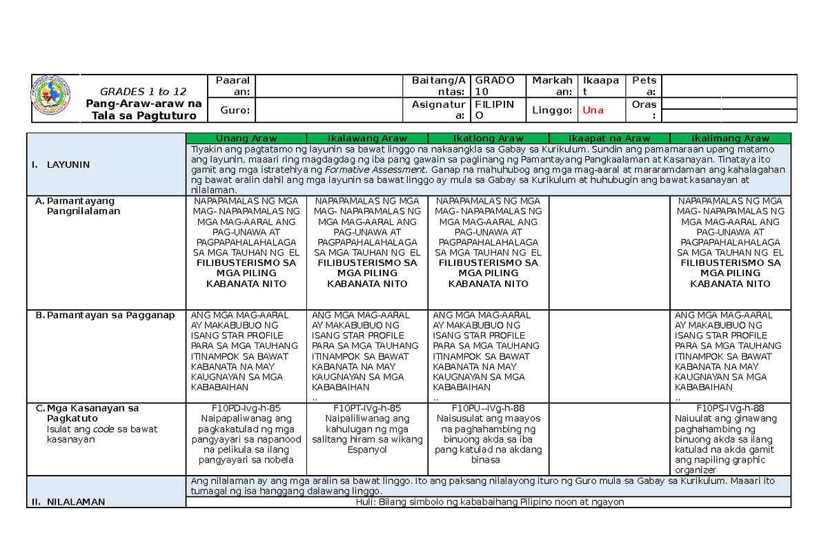 Aralin 4 - Daily lesson log in 4th Quarter, Filipino 10 - GRADES 1 to ...