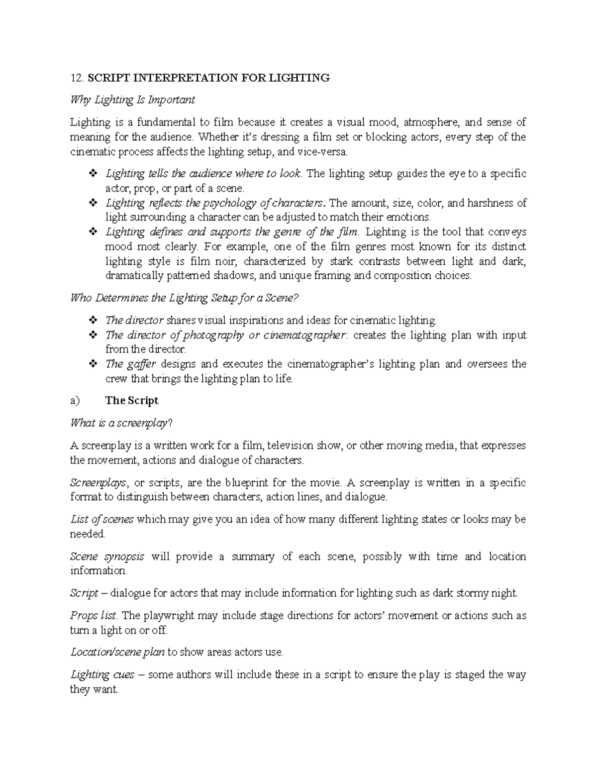 12. Script Interpretation FOR Lighting - 12. SCRIPT INTERPRETATION FOR LIGHTING Why Lighting Is ...