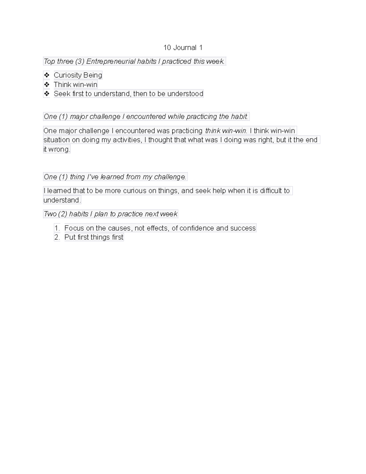 10 Journal 1- Entrep Mind - 10 Journal 1 Top three (3) Entrepreneurial ...