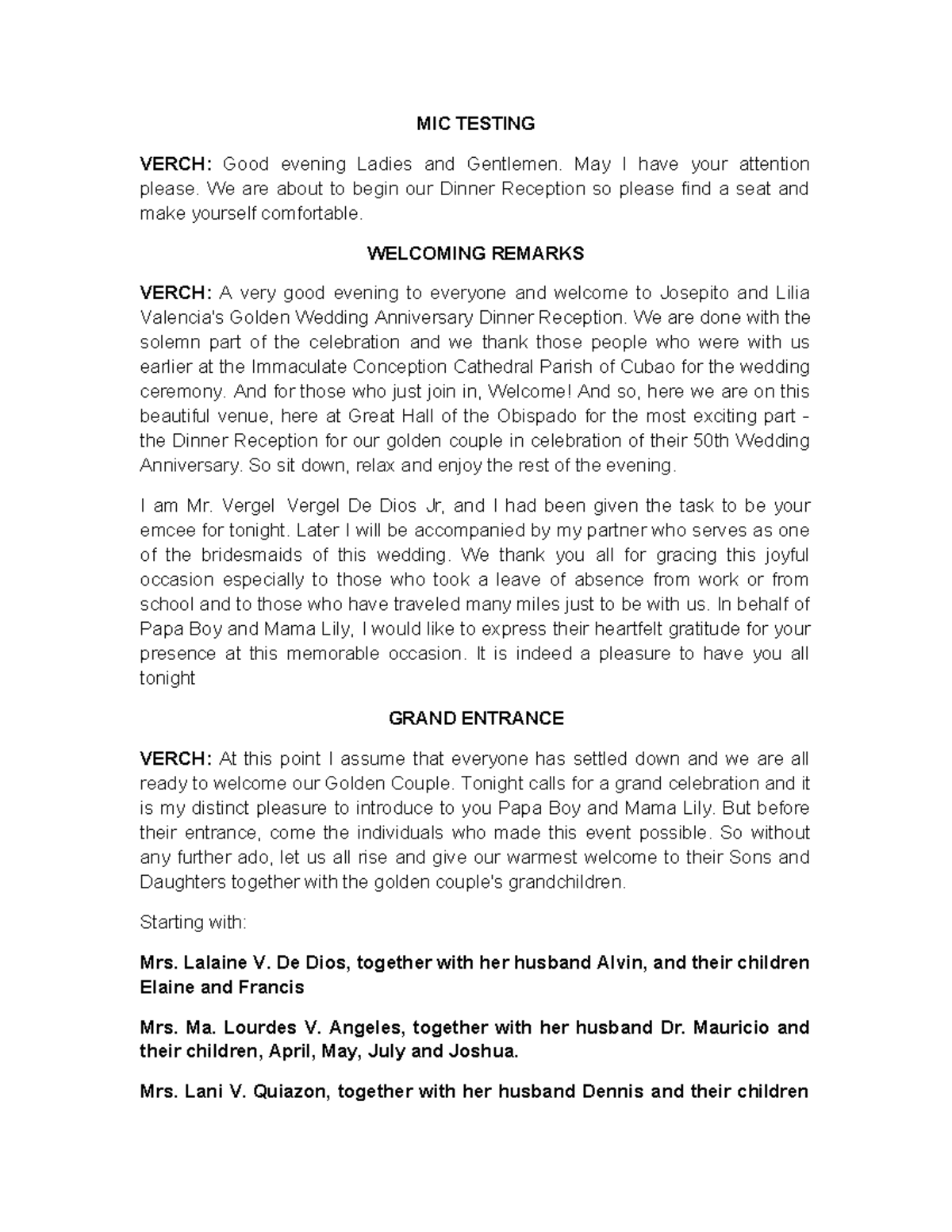 Wedding-reception-script - MIC TESTING VERCH: Good evening Ladies and ...