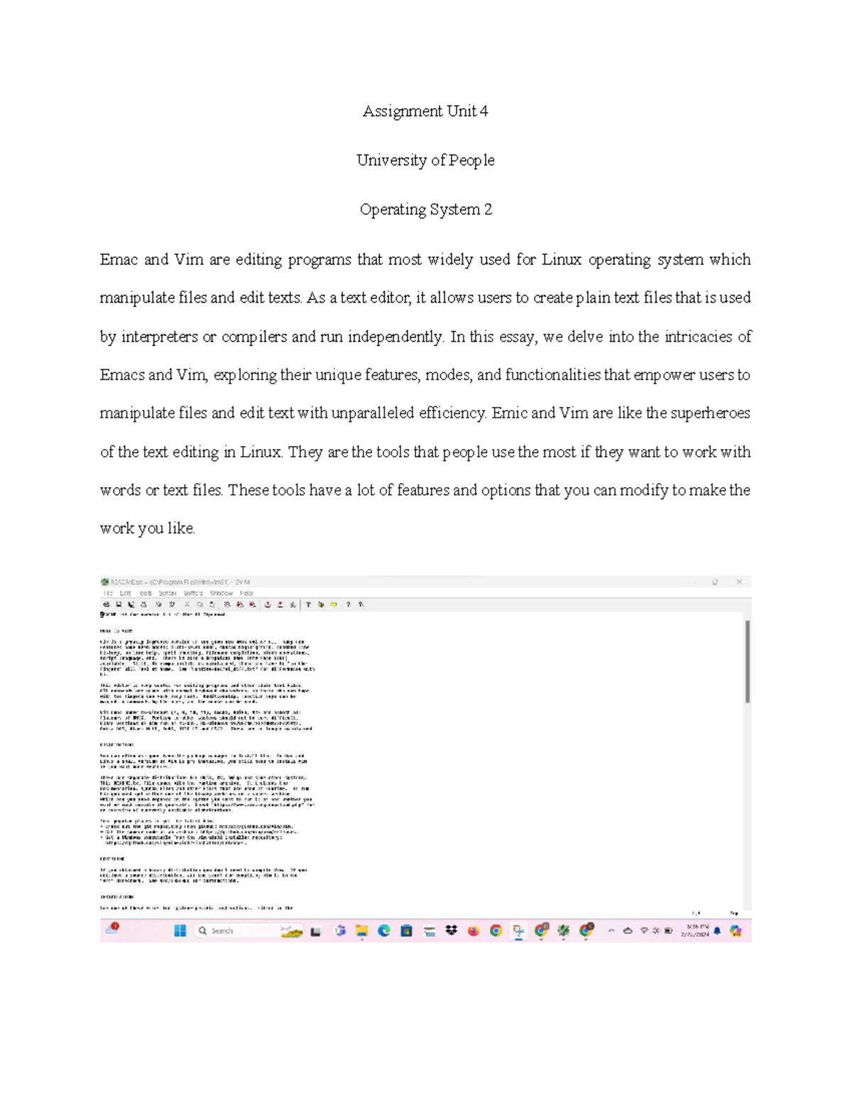 Written Assignment 4 - Assignment Unit 4 University of People Operating System 2 Emac and Vim ...