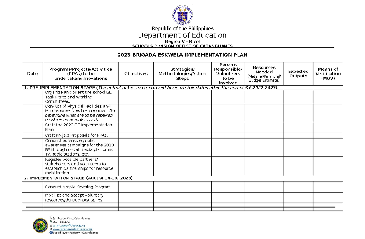 2023 school BE implementation plan - Republic of the Philippines ...